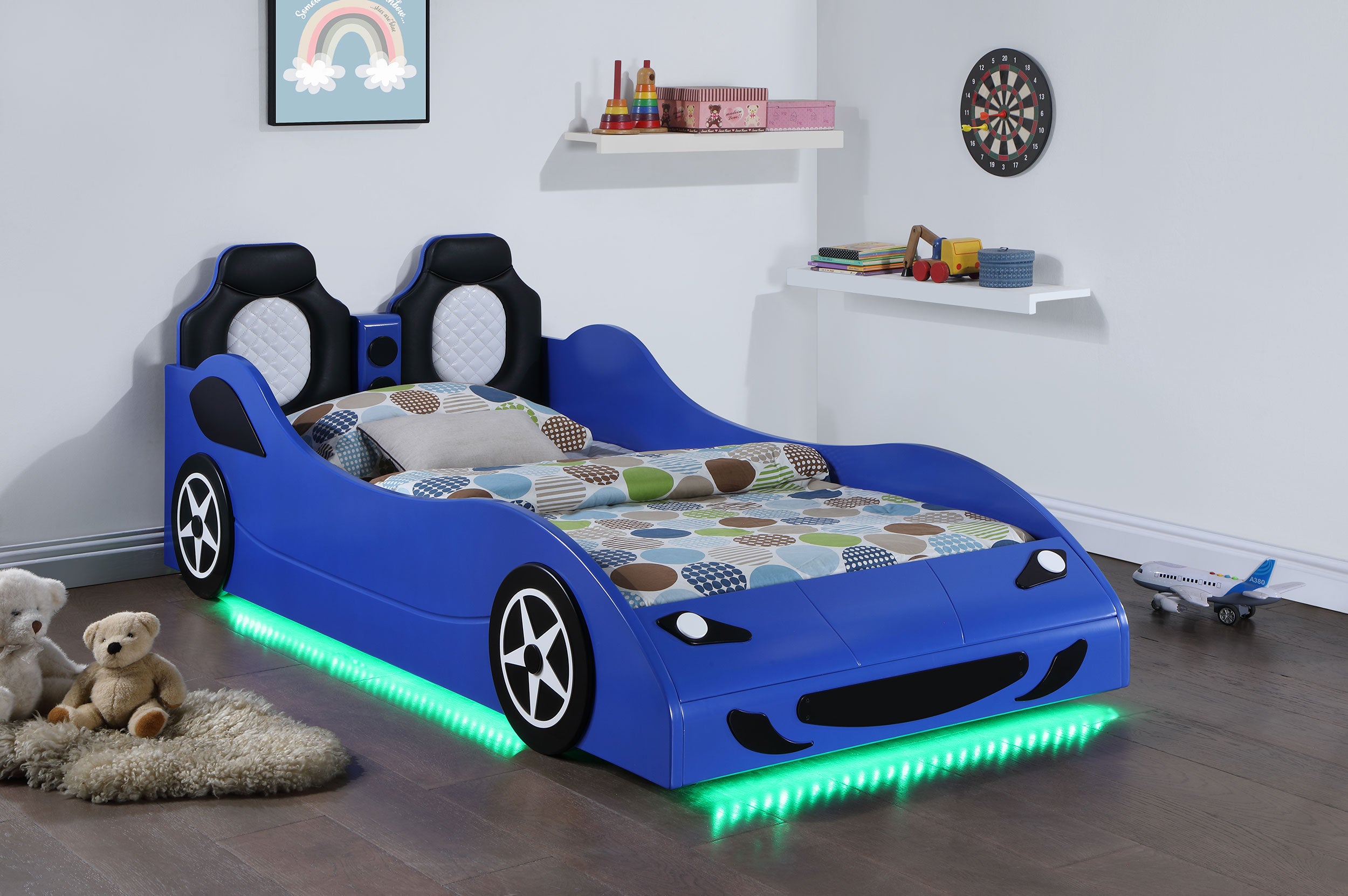 Cruiser Car Themed Twin Bed with Underglow Lights White Blue